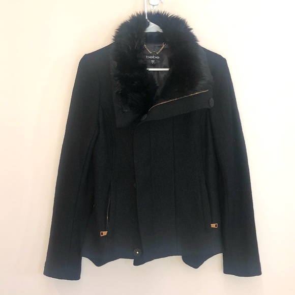 bebe | Jackets & Coats | Bebe Wool Coat W Faux Fur Collar Gold Details ...